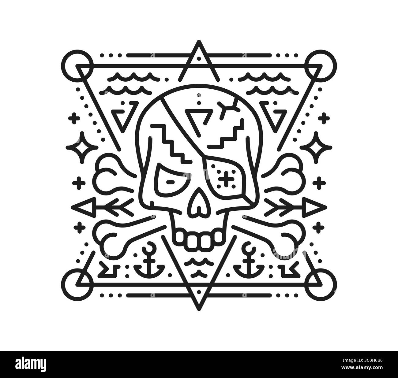 Pirate skull with eye patch esoteric line symbol. Filibuster marine ...