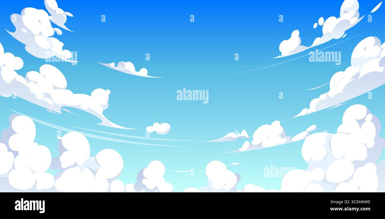 Anime sky clouds background. Cartoon vector bright heaven with fluffy ...