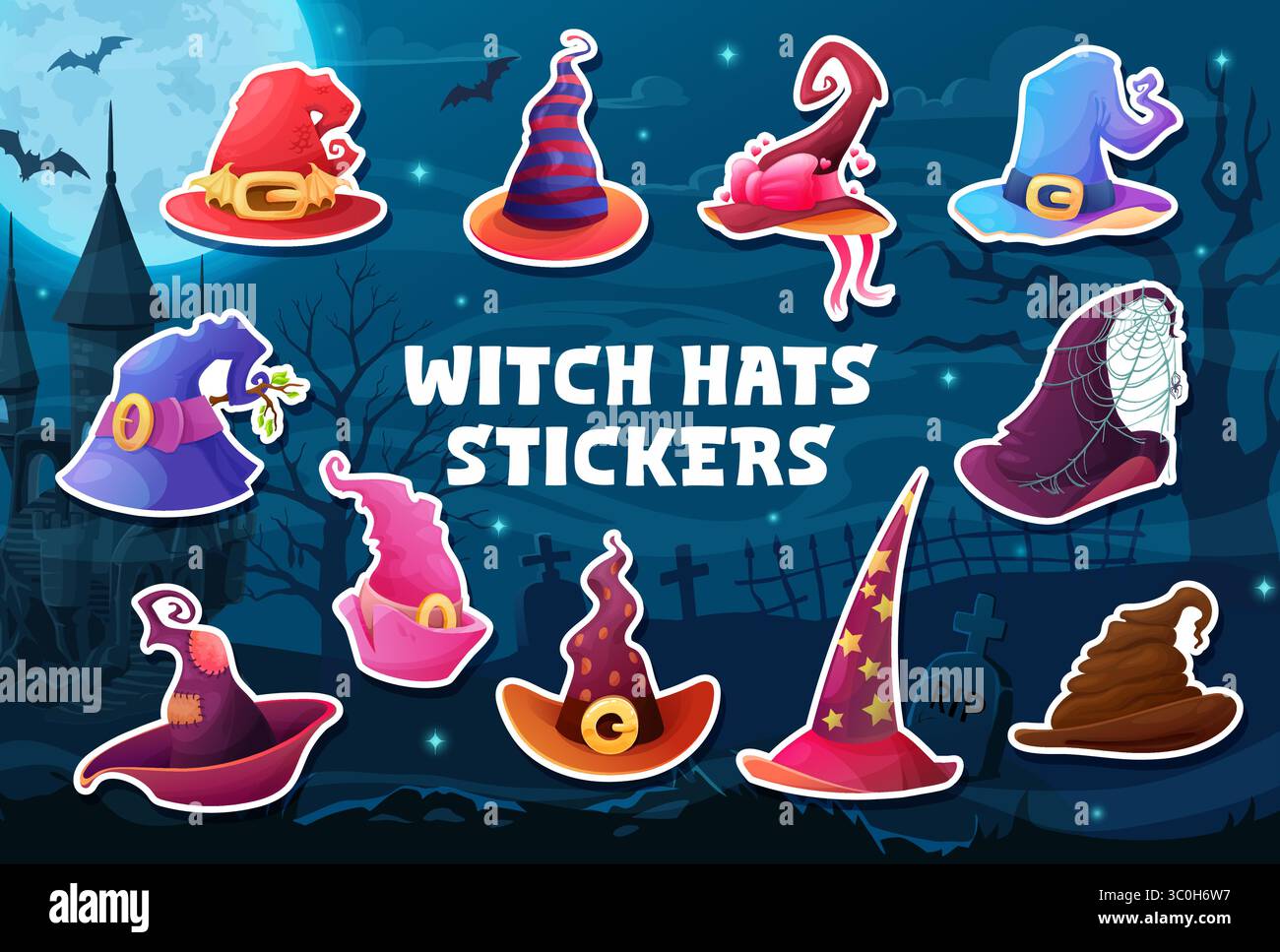 Halloween witch hats stickers pack for crafts and decorations. Vector ...