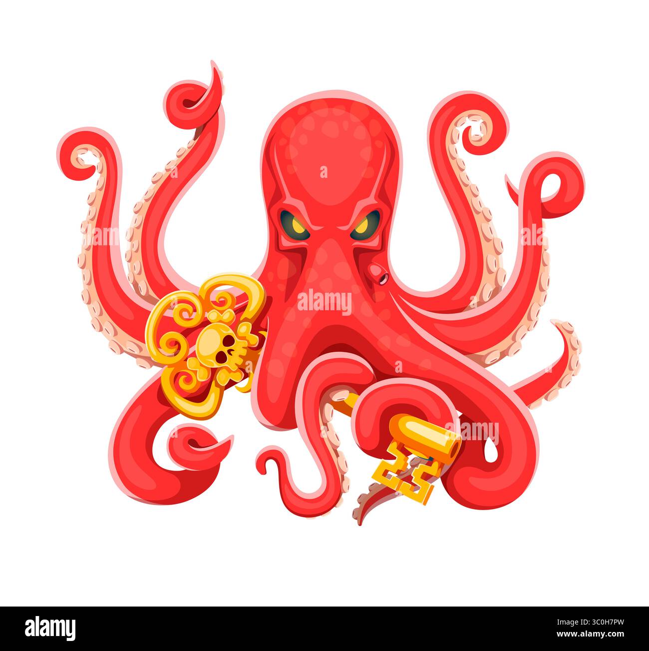 Cartoon giant red kraken octopus with golden key of pirate treasure in ...