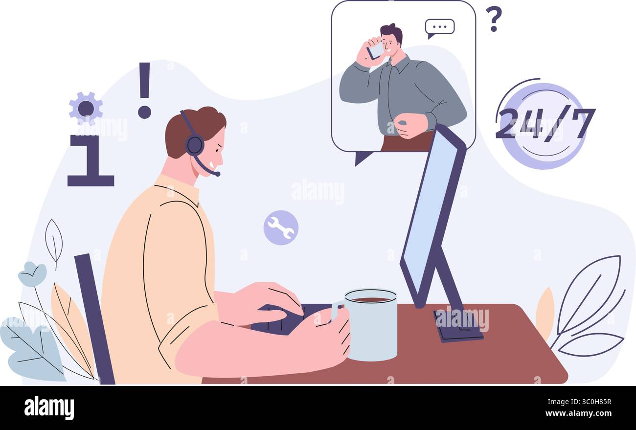 Administrator or call center worker. Young man with headphone ...