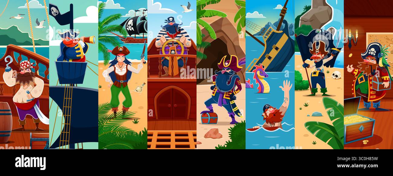 Cartoon pirate and corsair captain and skipper, sailor and boatswain ...