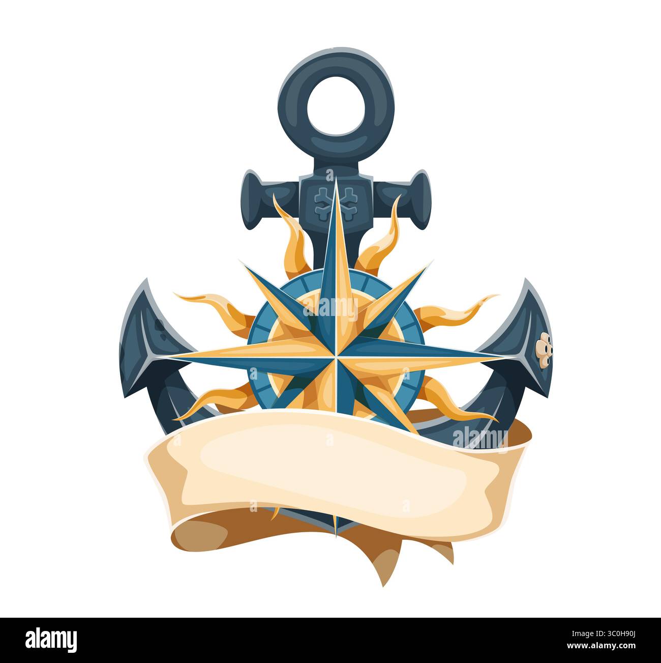 Cartoon pirate ship anchor with compass rose and scroll banner ...