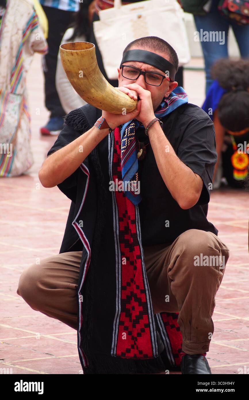 November 23, 2018 - Barranco, Lima, Peru - Indian man playing the horn ...