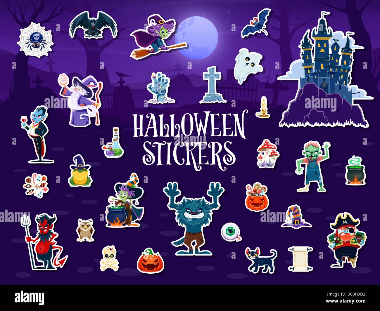 Cartoon Halloween holiday scary characters stickers pack, vector ...