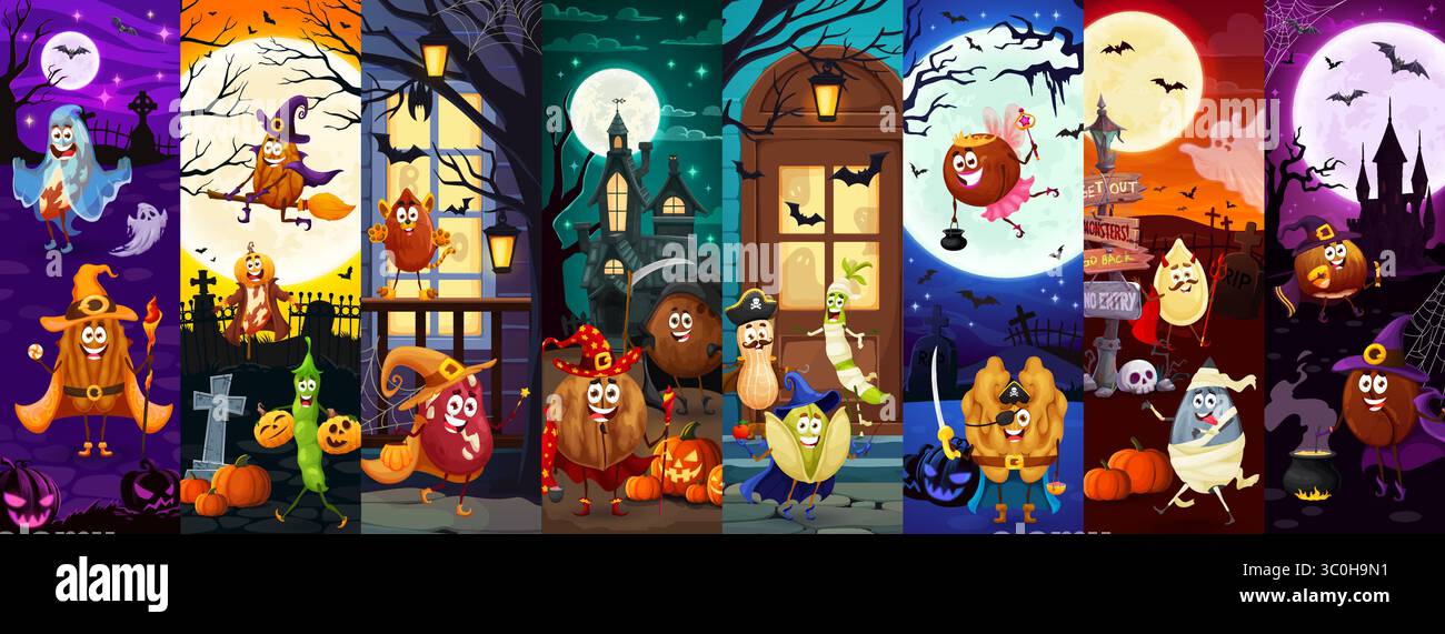Cartoon Halloween scary nut and funny bean characters collage. Cute ...