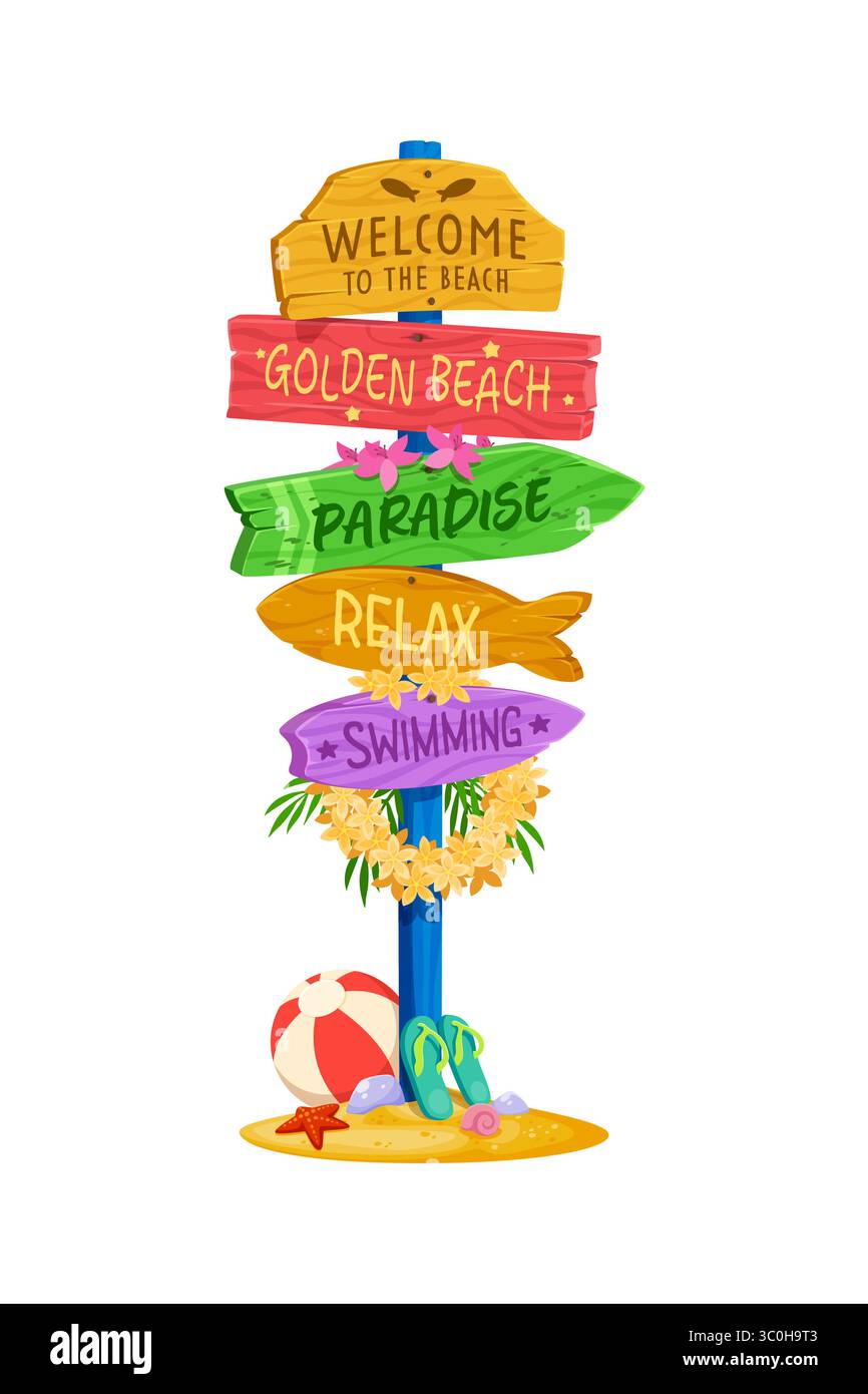Summer beach wooden signboard with direction arrows for vacation travel ...