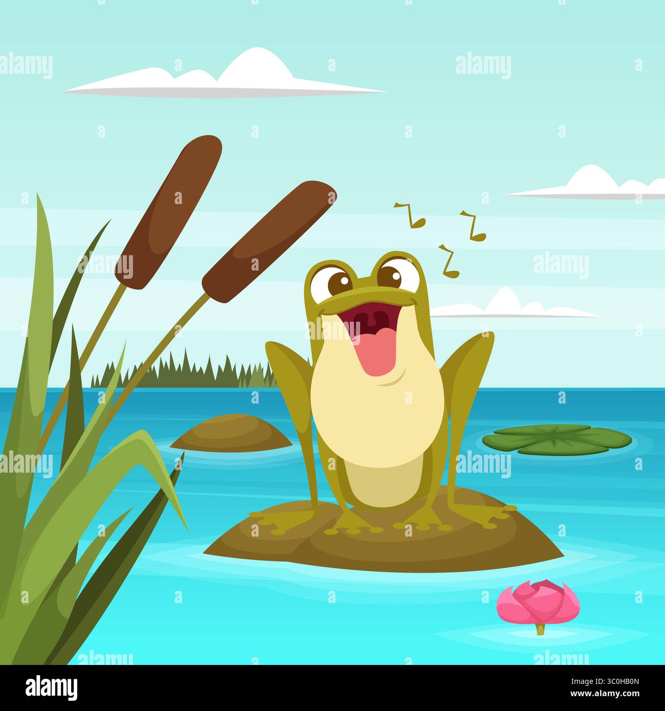 Frog singing. cartoon frog mascot sitting in pond Stock Vector Image ...