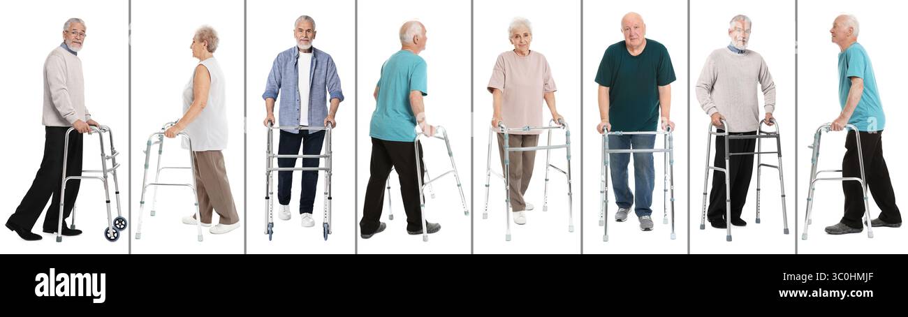 Senior men and woman using walking frames on white background, collage ...