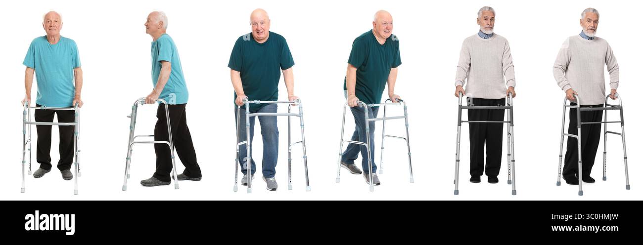 Senior men using walking frames on white background, set of portraits ...