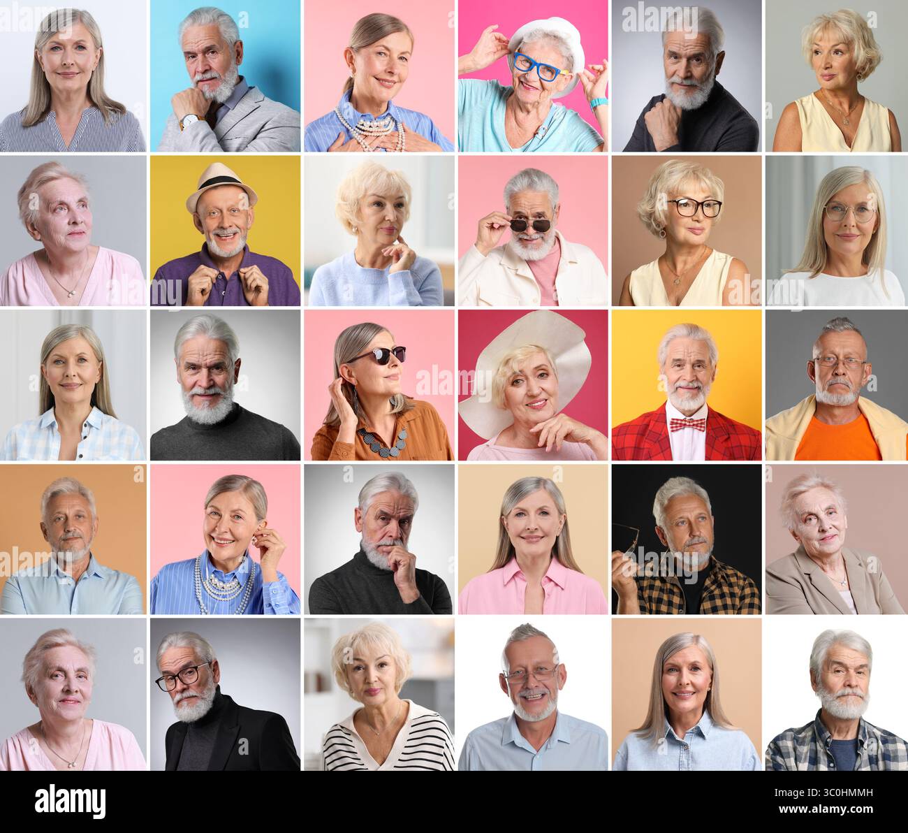 Senior men and women on different colors backgrounds, collage of ...