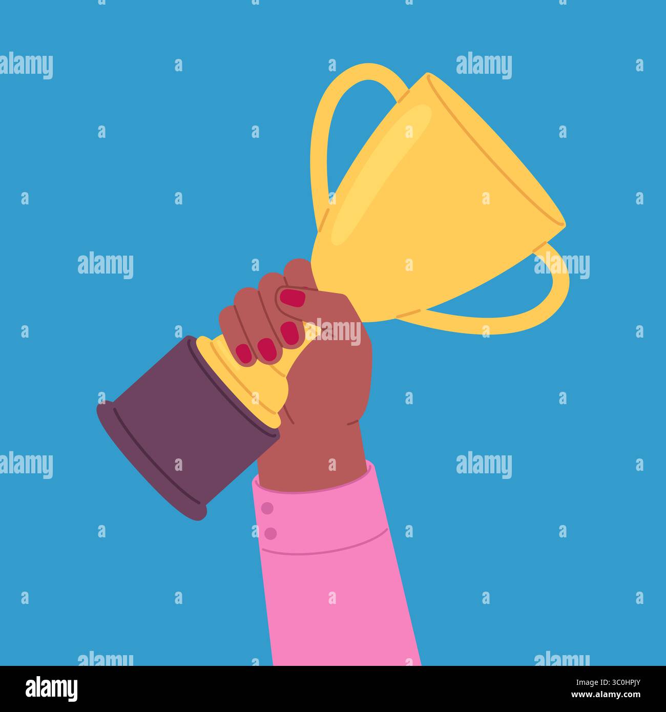 Afro american business woman hold golden cup. Female characters with ...