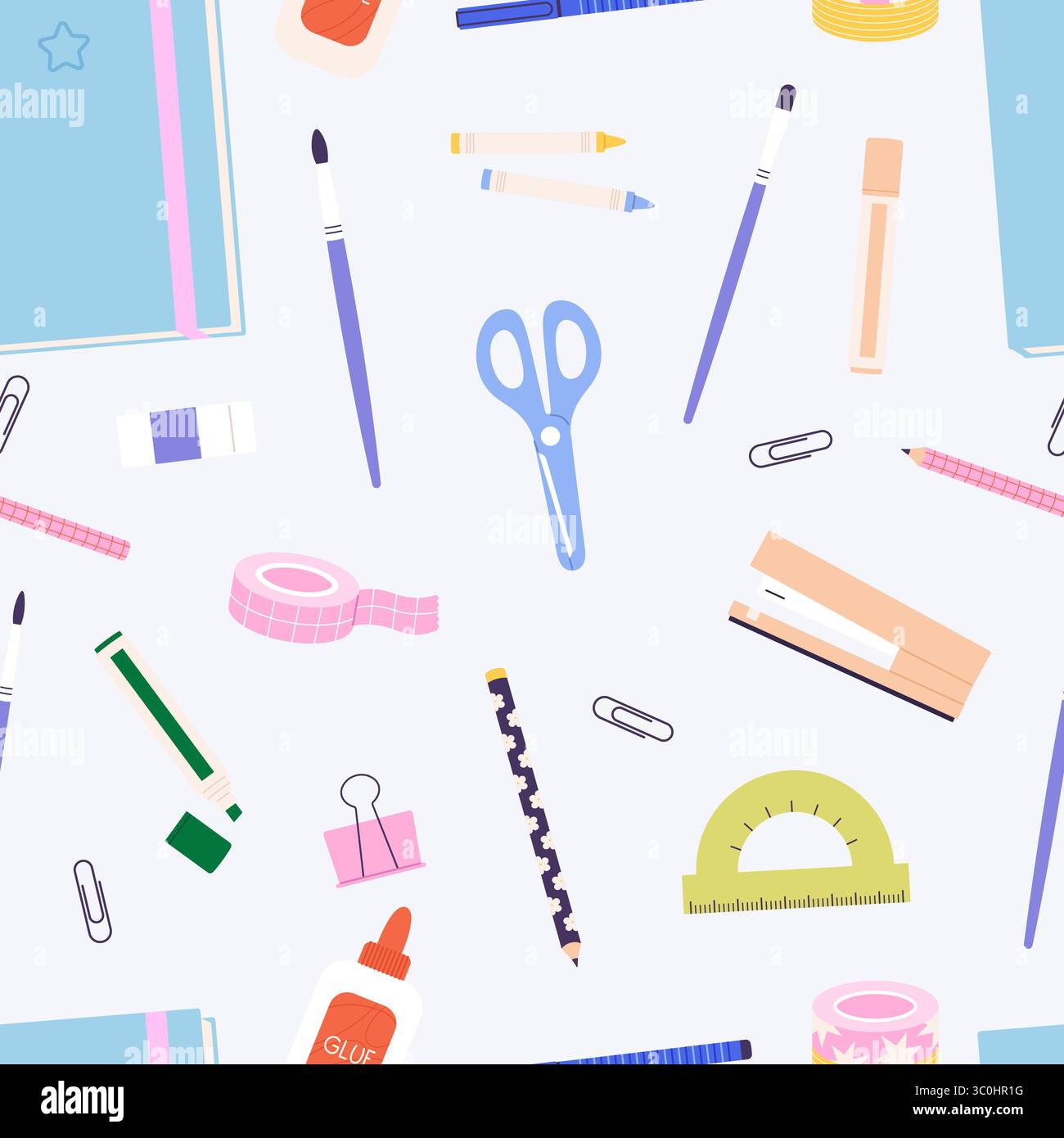 Cartoon stationery seamless pattern. School office items, notebook pencil highlighter scissors ...
