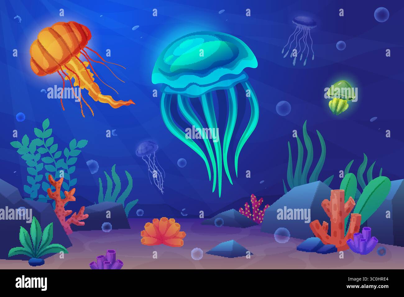 Jellyfish underwater illustration. Vibrant jelly ocean or sea animals ...