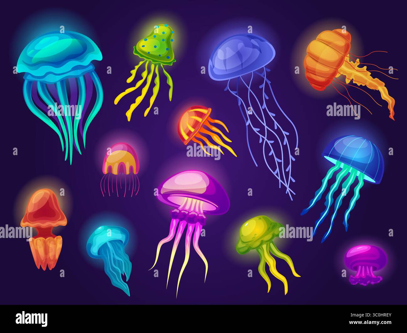 Glowing underwater jellyfish. Vibrant sea jellyfish, cartoon ocean ...