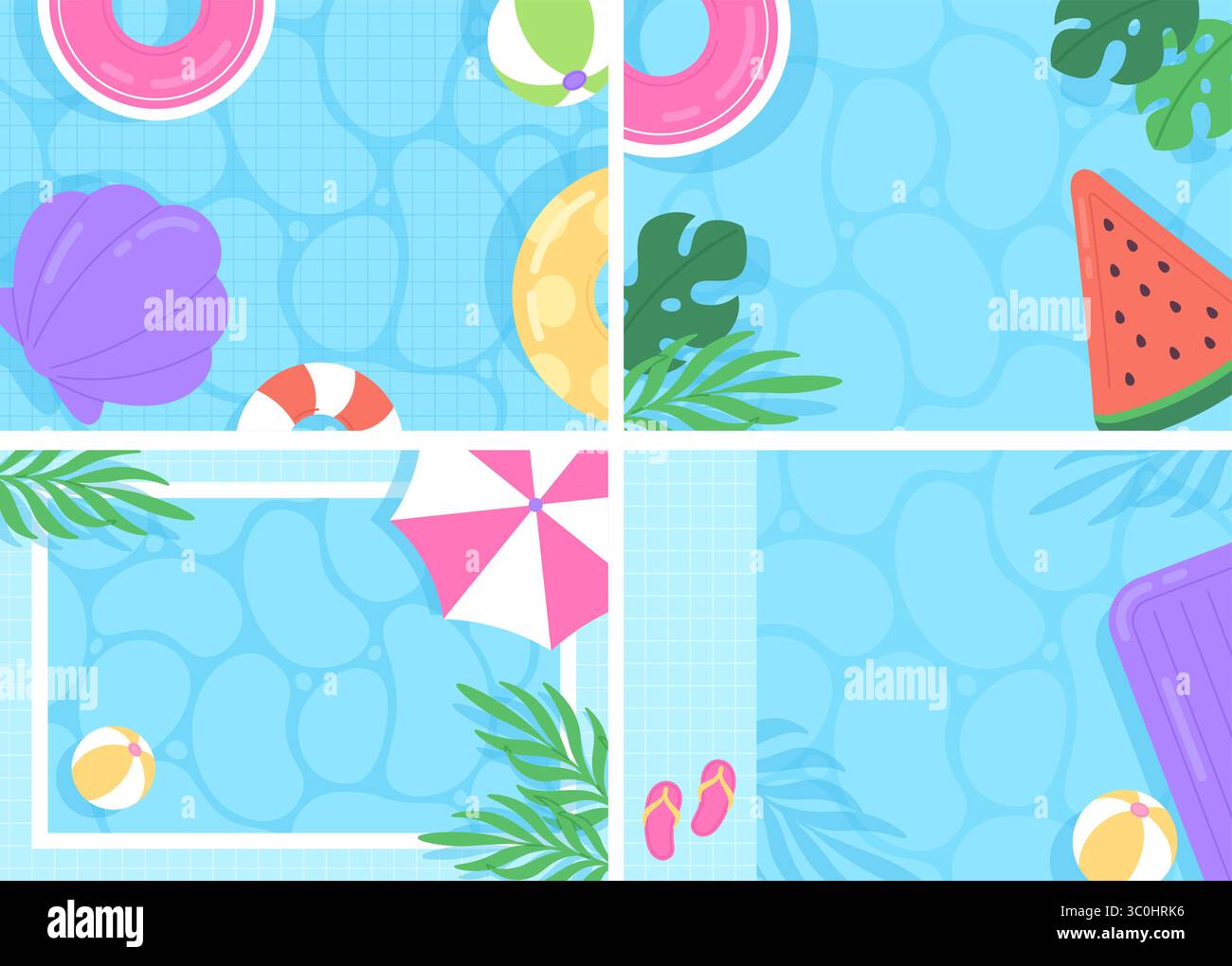 Swimming pool top view banners. Empty cartoon background with water surface, tropical leaves ...