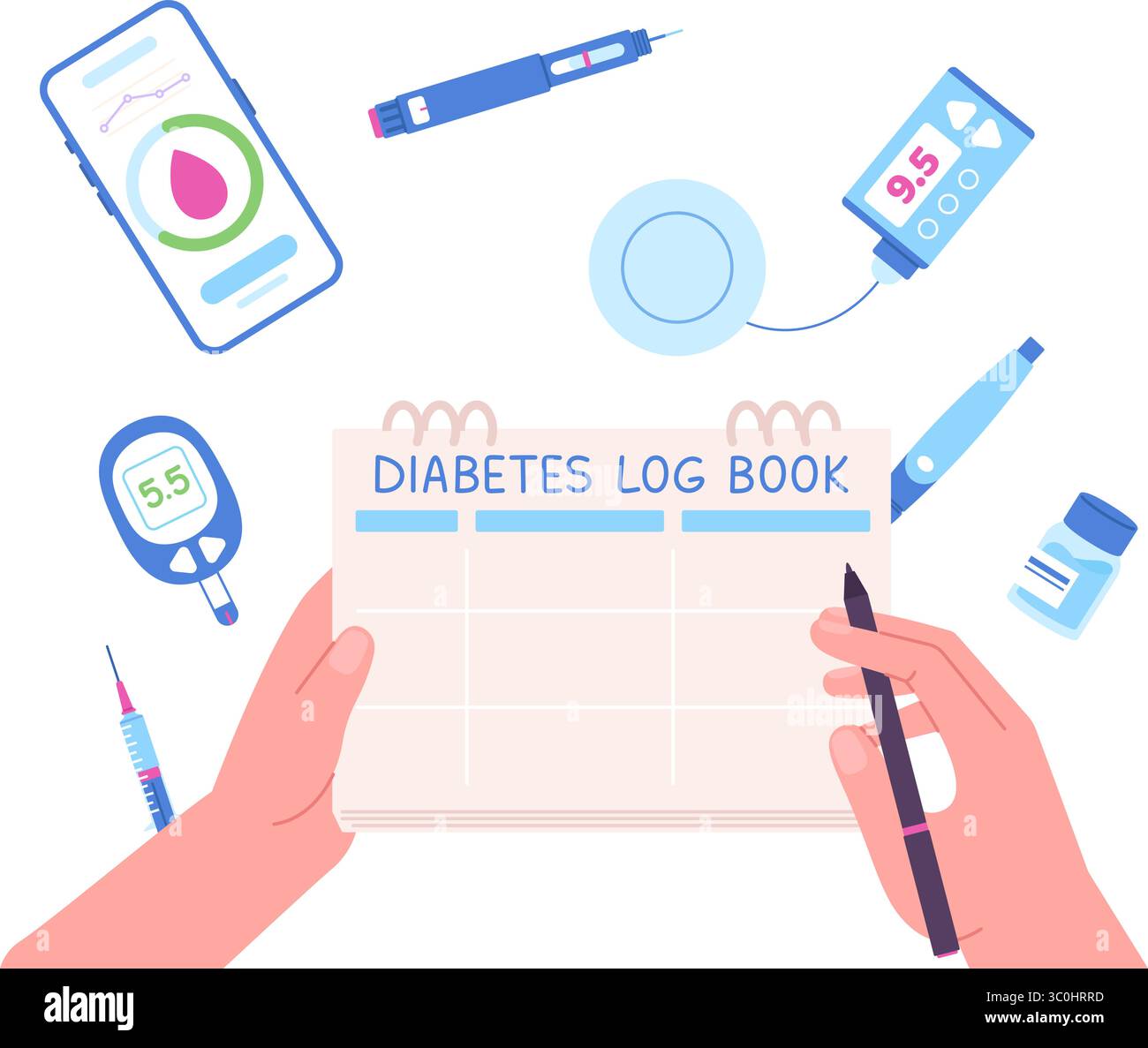 Diabetes log book. Hands holding diabet check up elements. Glucometer ...