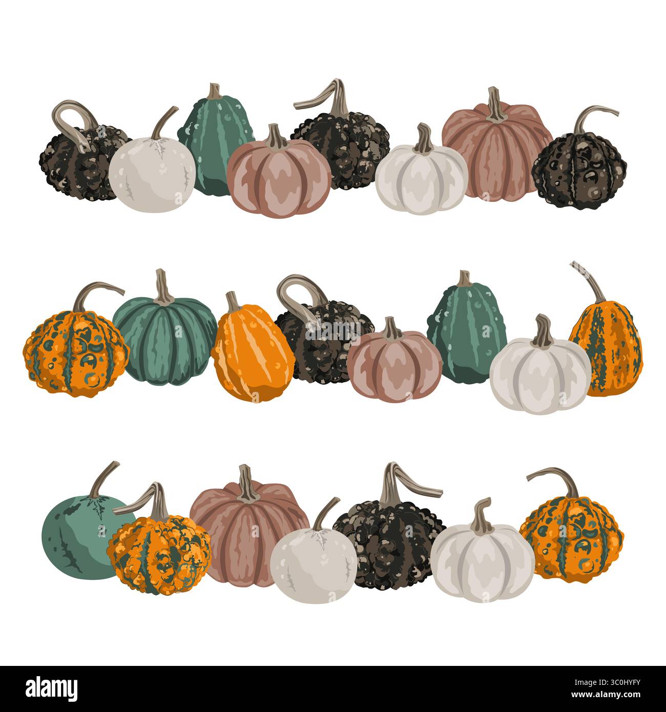 Set of pumpkins border garlands. Composition isolated on white. Cozy ...