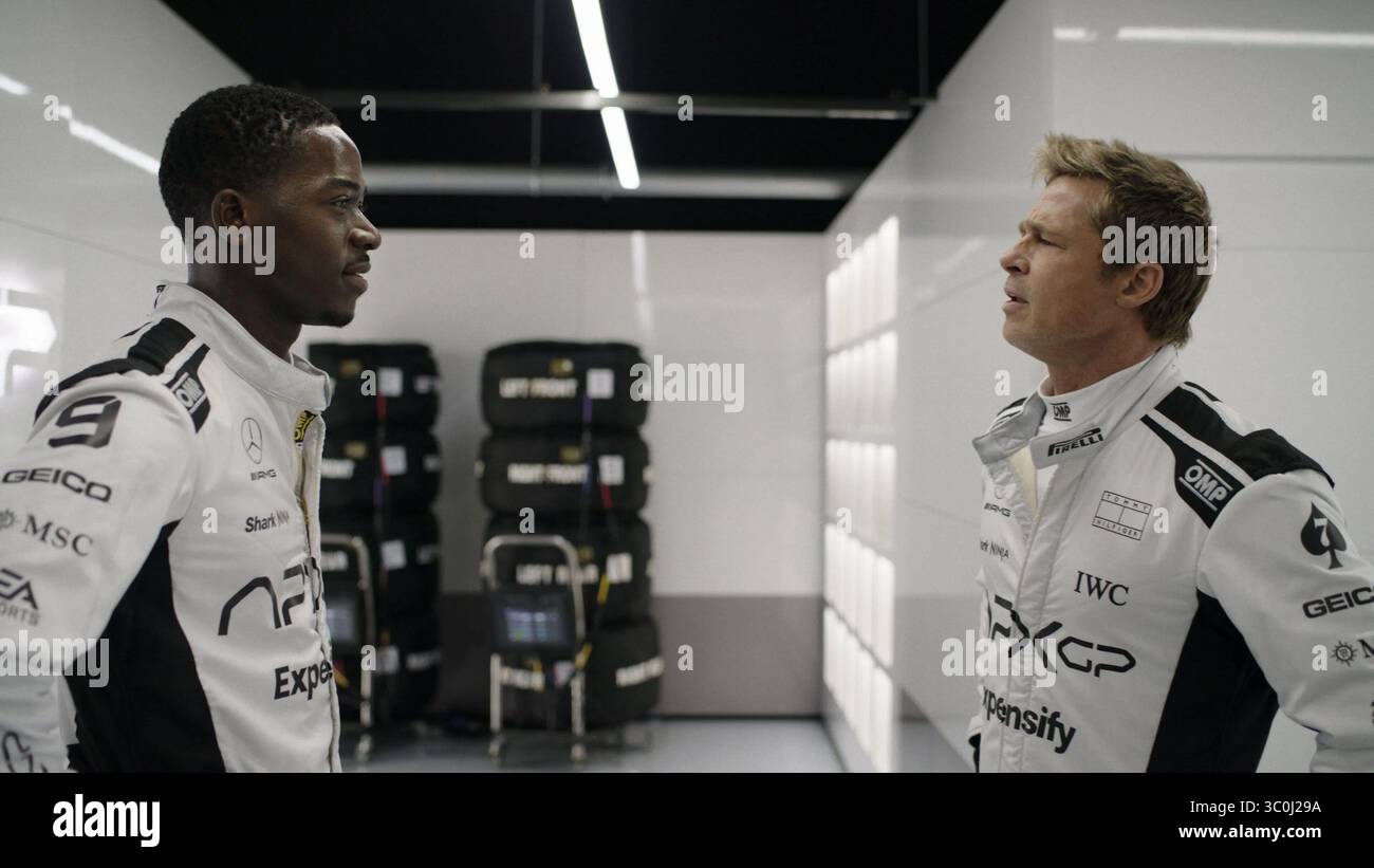 BRAD PITT and DAMSON IDRIS in F1: THE MOVIE (2025), directed by JOSEPH ...