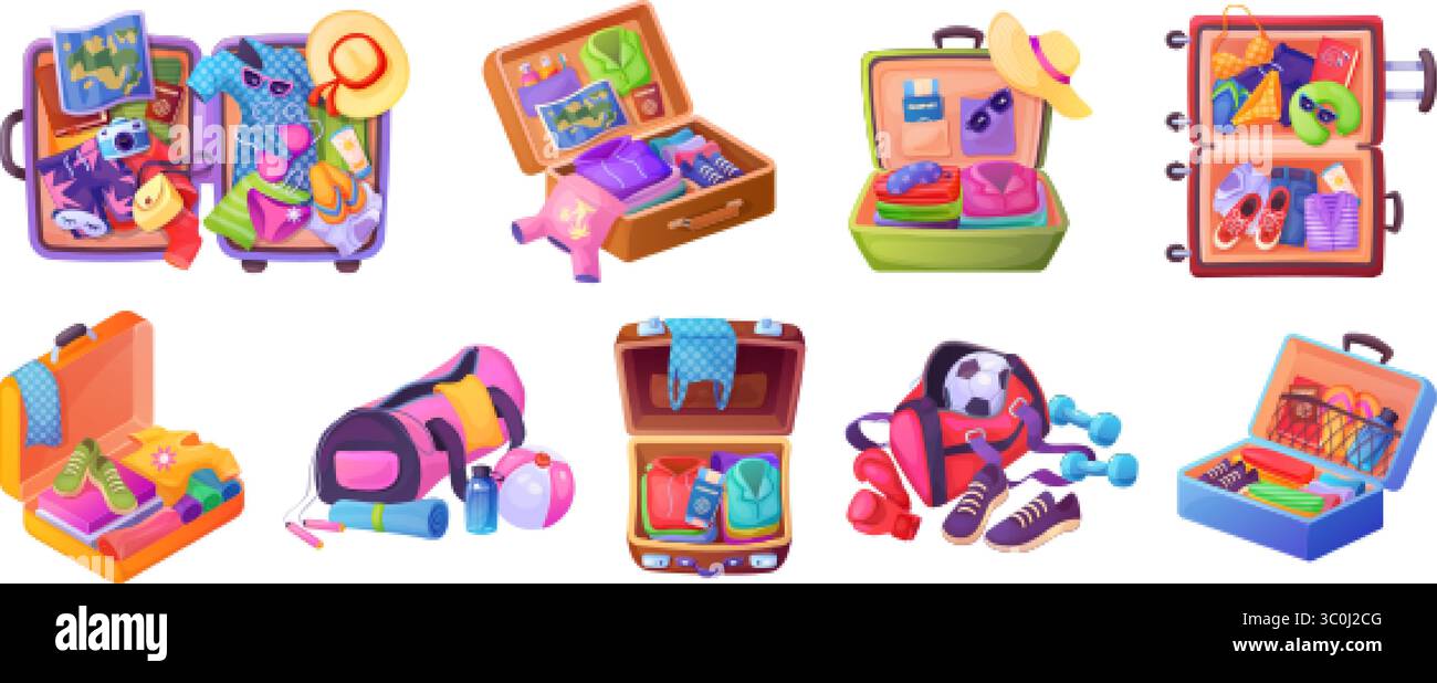 Open luggage clothes. Travel bag essentials inside filled suitcase ...