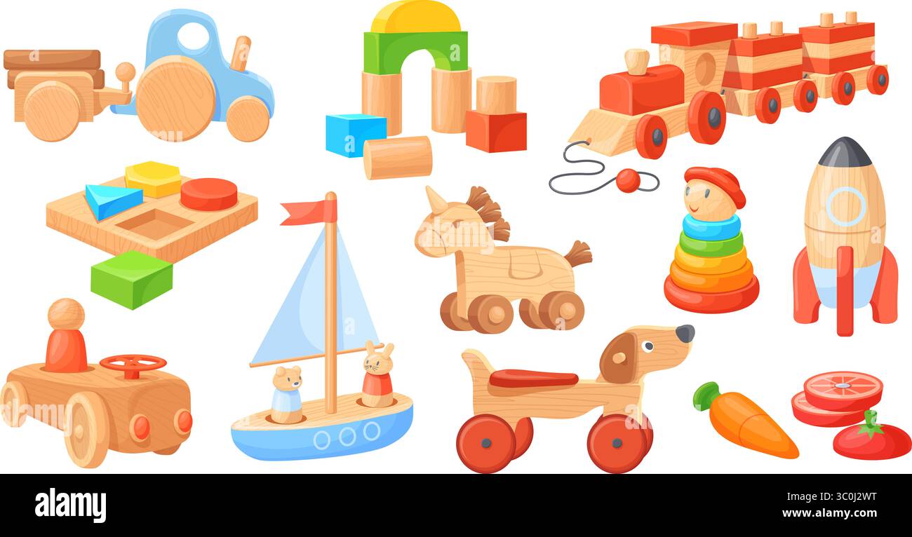 Cartoon wooden toys. Children wood toy, montessori puzzle game ...