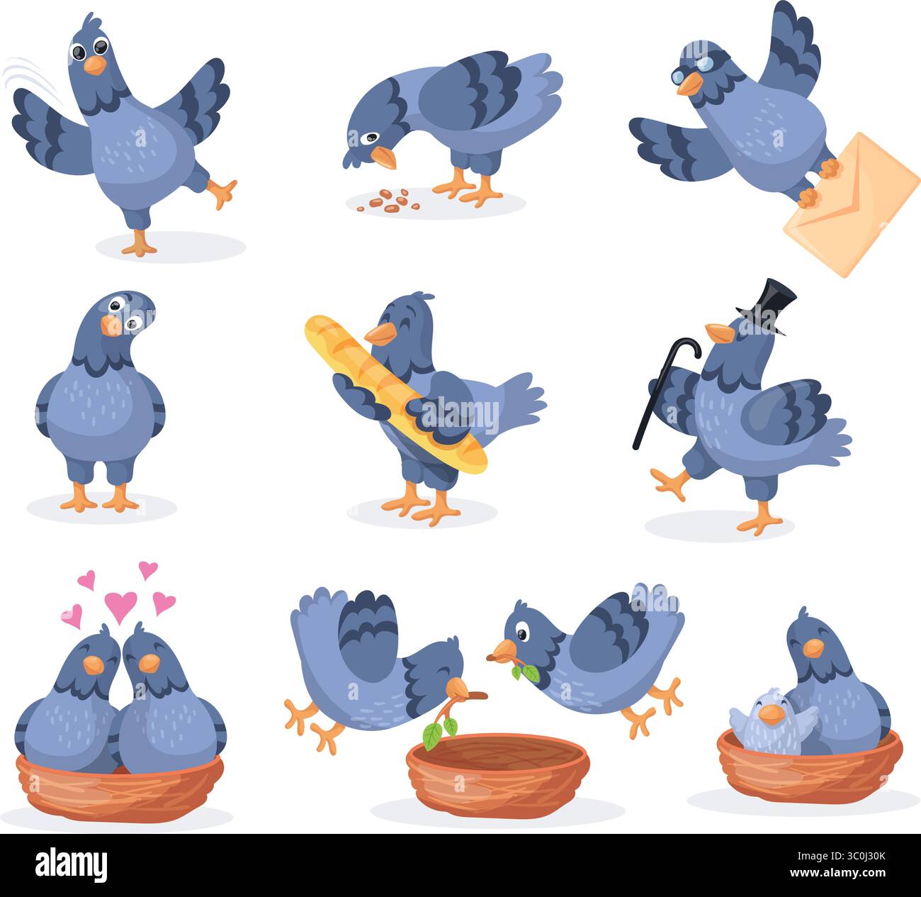 Cartoon pigeons characters. Pigeon cute mascot, funny city bird build ...