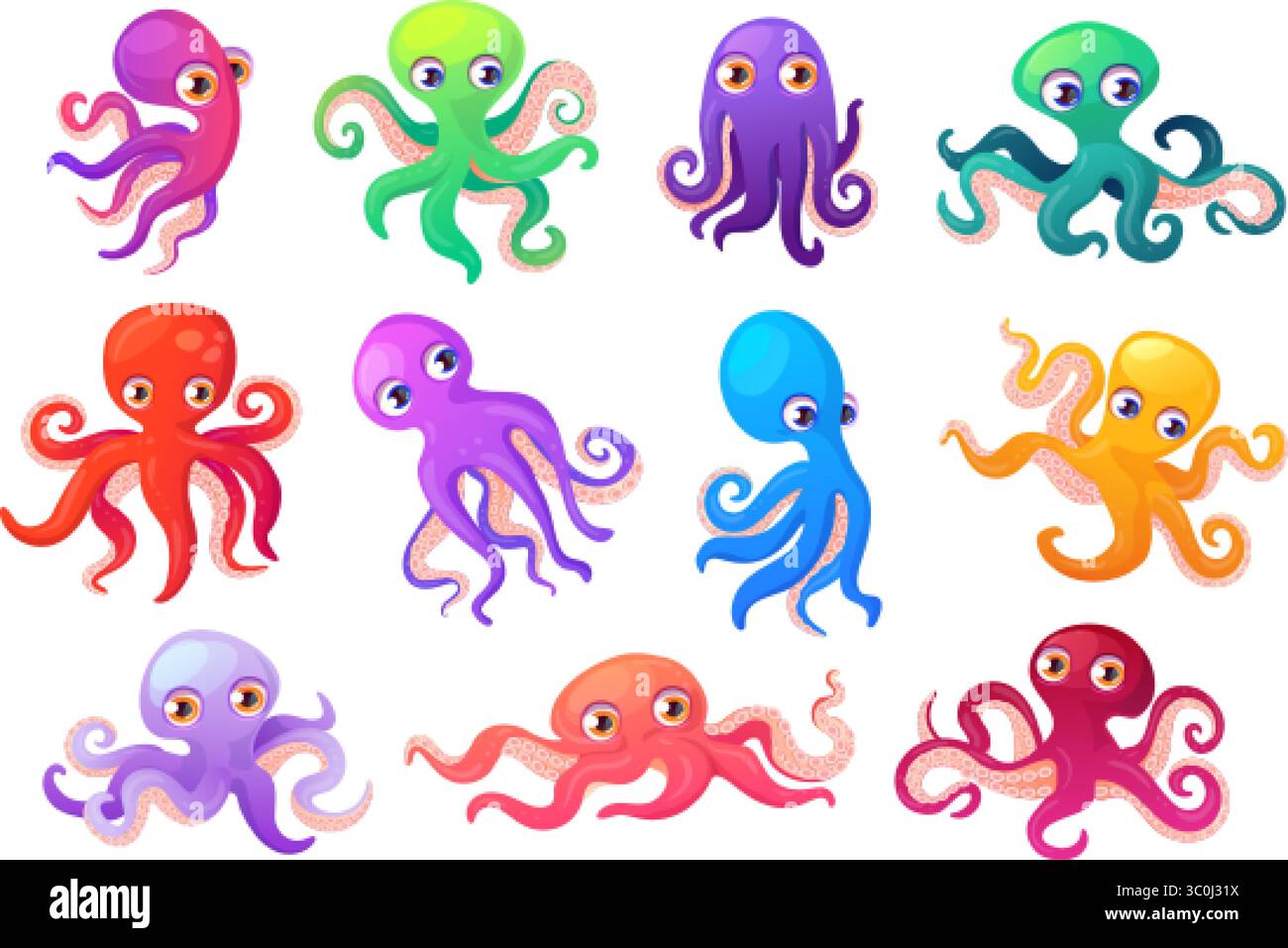 Cartoon octopuses. Octopus kraken sea monster, squid with tentacles ...