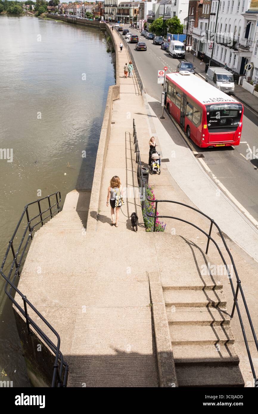 River wall and embankment on the Terrace in Barnes, south west London ...