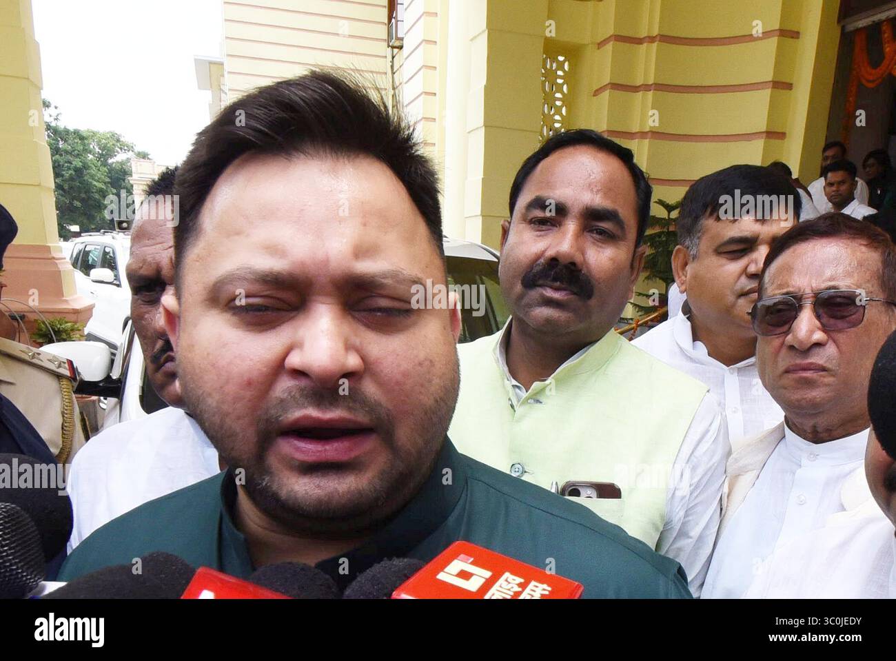 PATNA, INDIA - JULY 21: Leader of Opposition and RJD MLA Tejashwi Yadav speaking with media ...