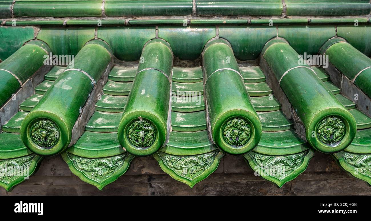 Traditional Chinese roof tiles background, old green glazed ceramic ...