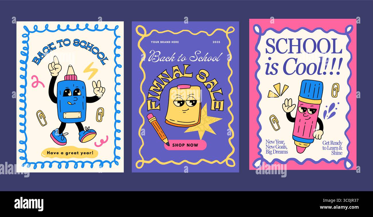 Back to School Posters Vintage Retro Mascot Character Education Funky ...