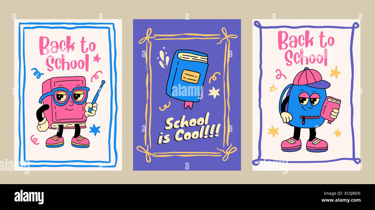 Back to School Posters Vintage Retro Mascot Character Education Funky ...