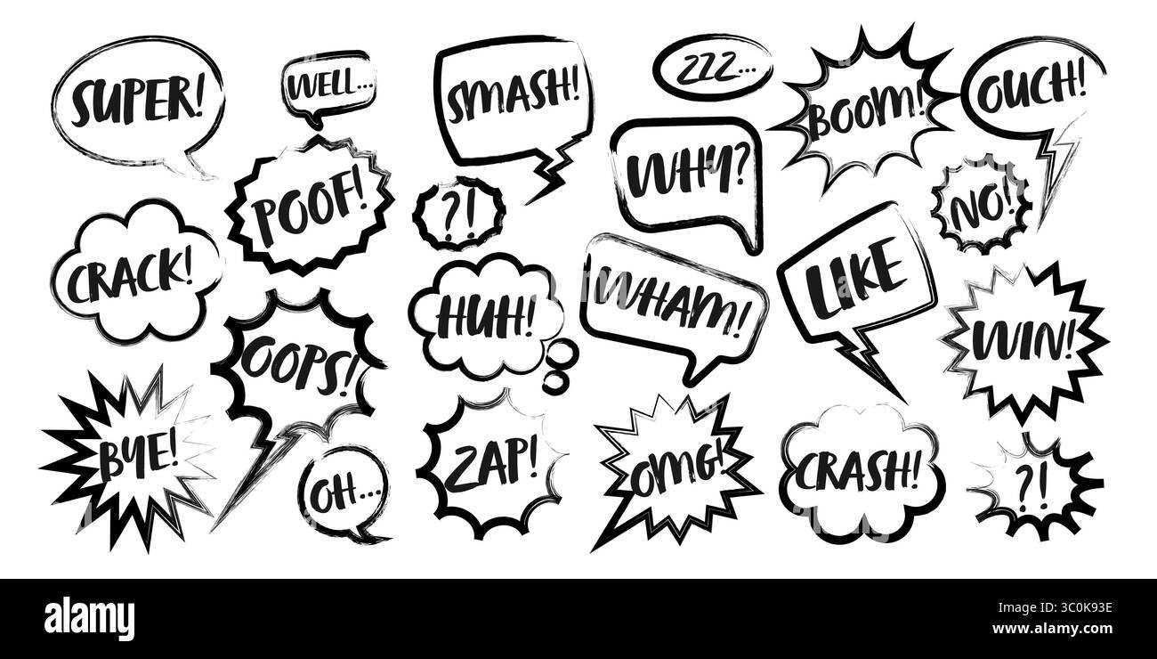 Grunge comic speech bubbles with handwritten text, brush strokes, ink ...