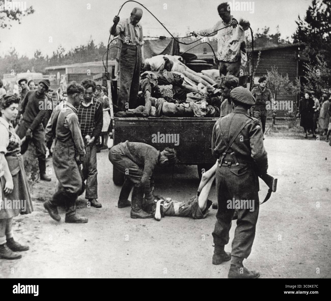 Bergen Belsen camp on the Second British Army arrival. The dead bodies ...