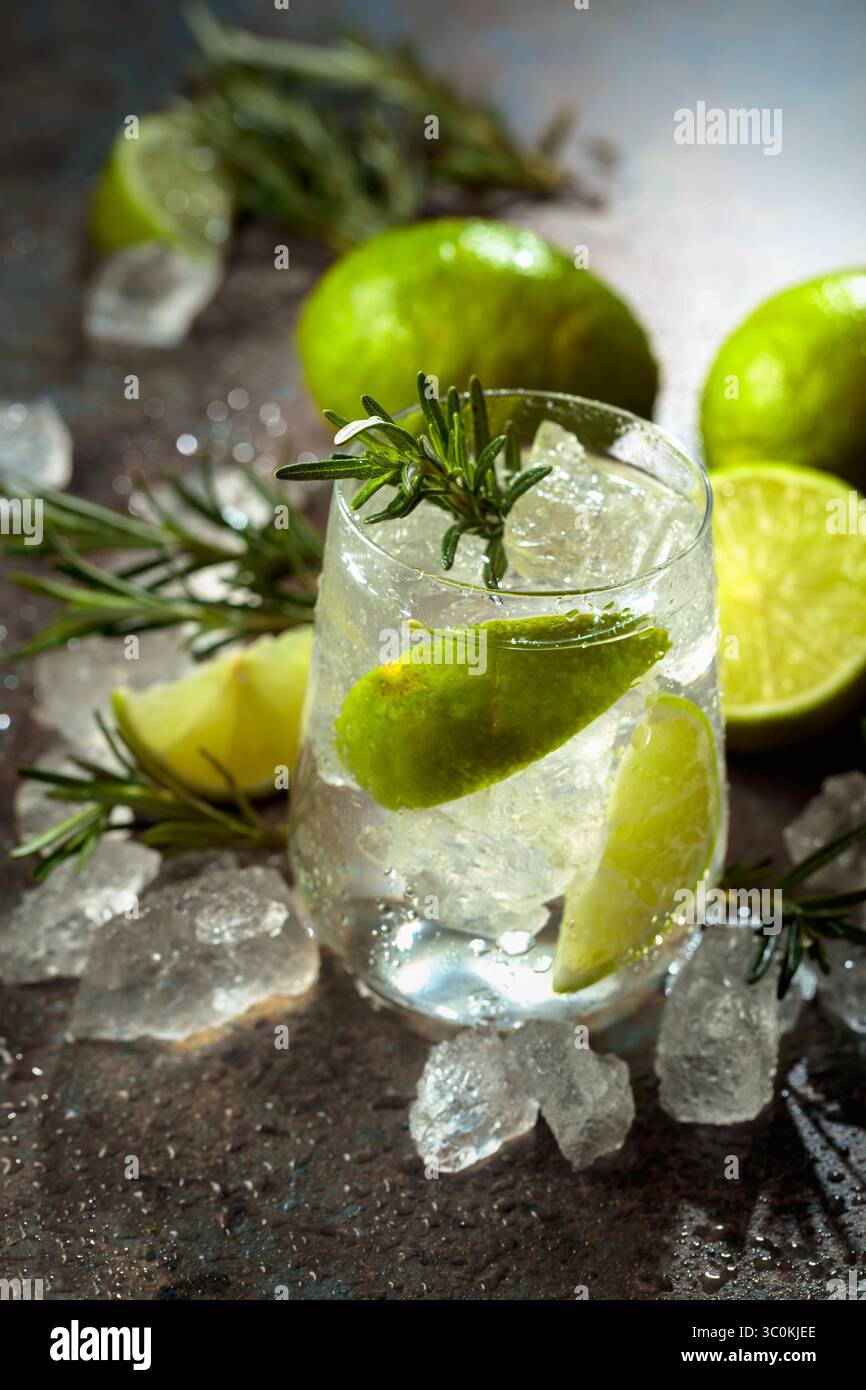 Traditional gin and tonic drink made with dry gin, tonic water, lime ...