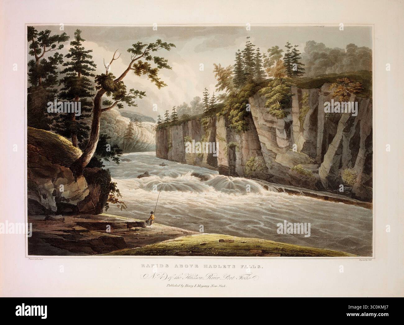 Rapids above Hadley's Falls. Vintage colour lithograph from The Hudson ...