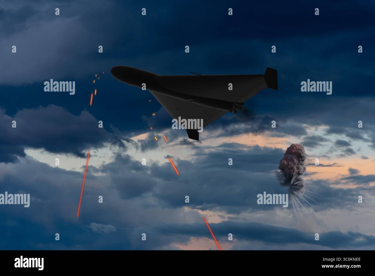 A military drone flies in the sky during nighttime tracer shelling ...