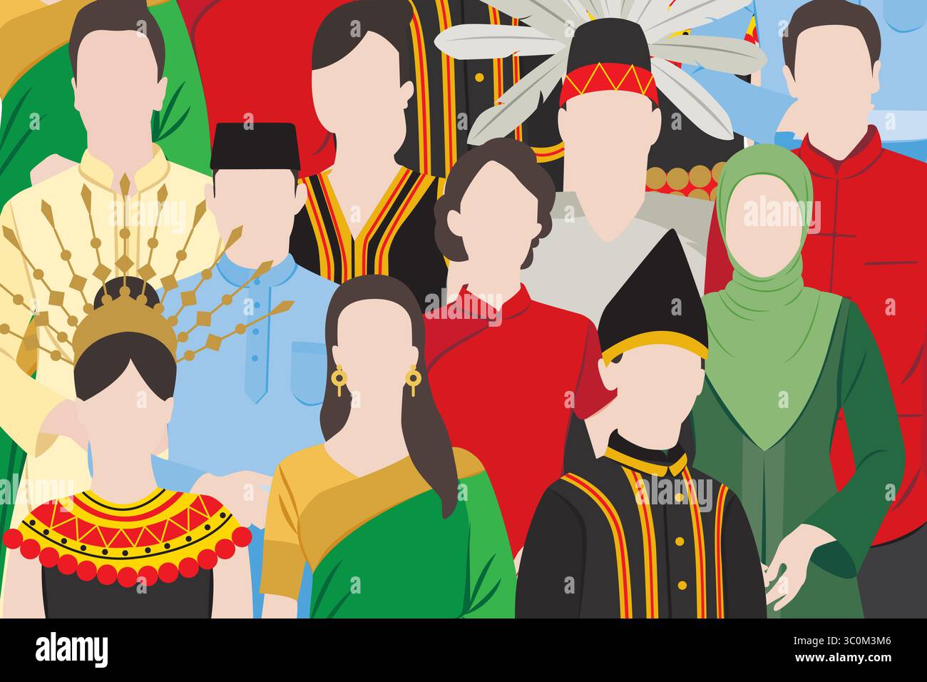 Vector illustration of colours of Malaysia. Malay, Indian, Chinese ...