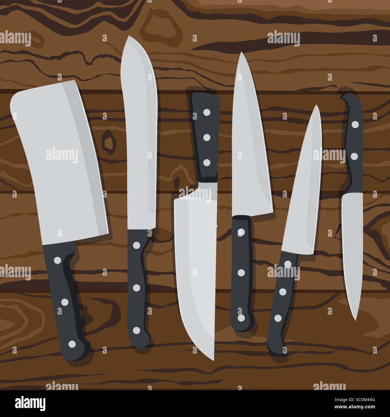 vector illustration of kitchen knives set on wooden table. various type ...