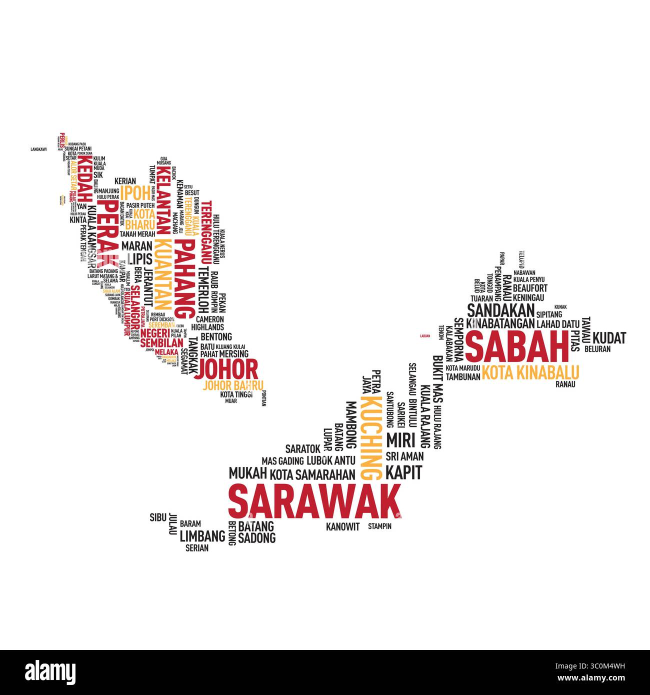 Malaysia Map with Countries and city name Text or Typography ...