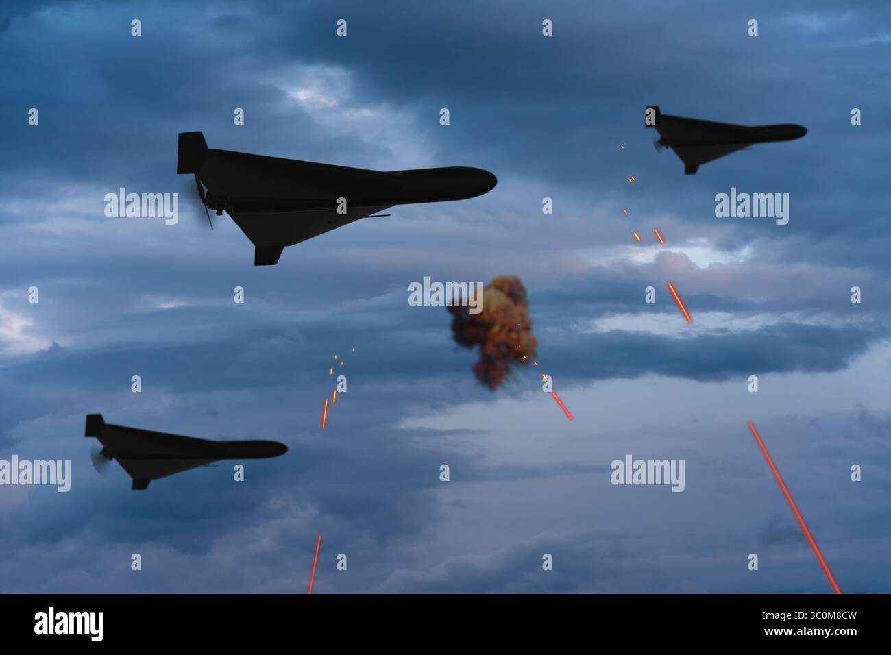 Military drones flying in the night sky, bullet tracers, an explosion ...