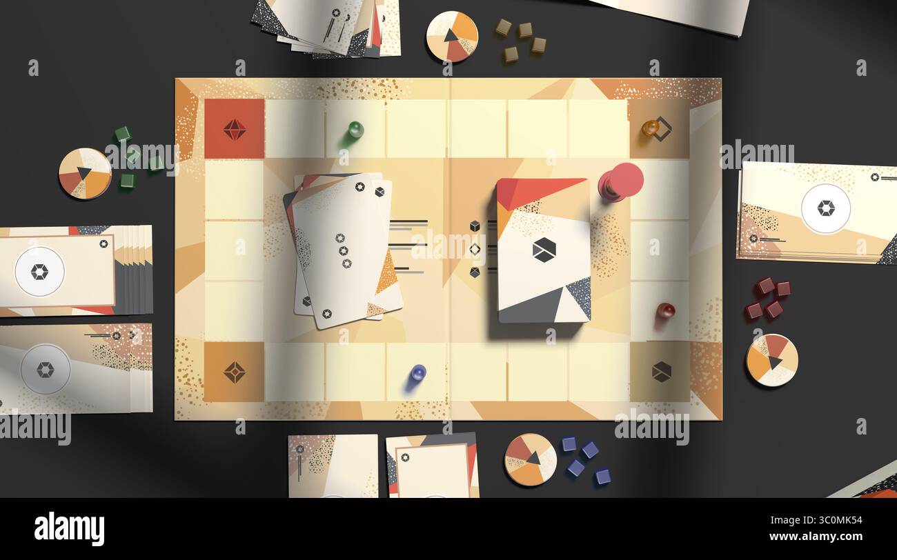 Colored board game field with chips, dice and cards mockup Stock Photo ...