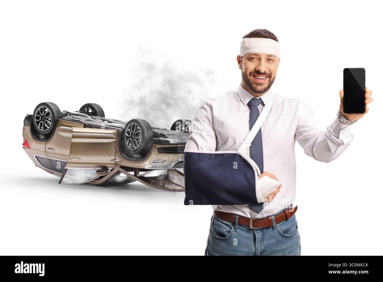 Young man injured in a car accident holding a mobile phone isolated on ...