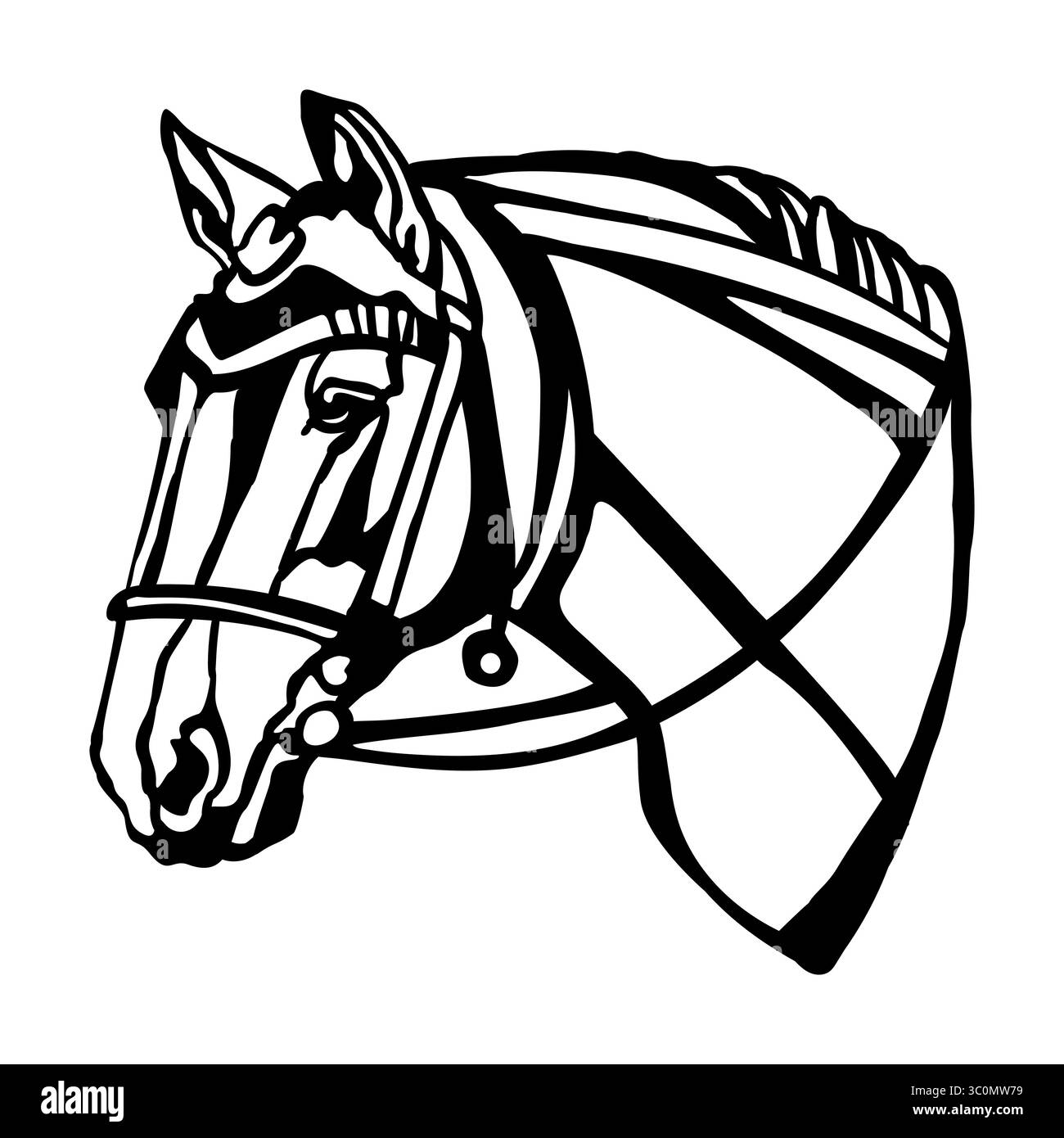Horse Head in bridle vector line art illustration and template Stock ...