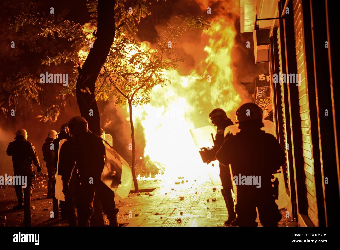 December 6, 2018 - Athens, Greece - A fire is seen after protesters ...