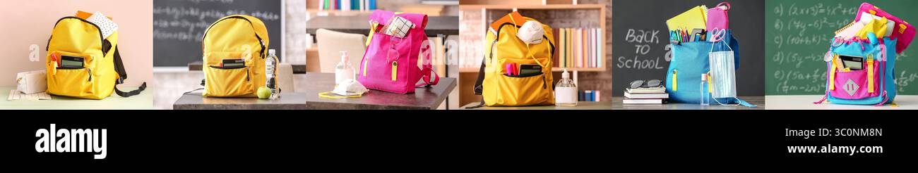 Collage of school backpacks in classroom Stock Photo - Alamy