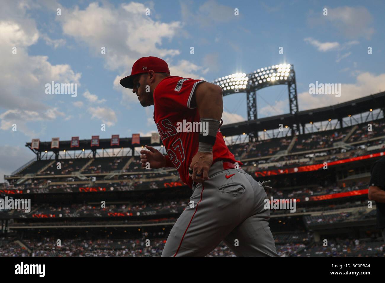 Los Angeles Angels outfielder Mike Trout takes the field before a baseball game against the New ...