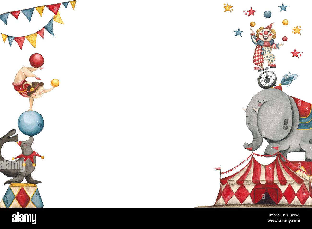 Frame of a circus elephant, seal, clown, gymnast, stars, tent, balls ...