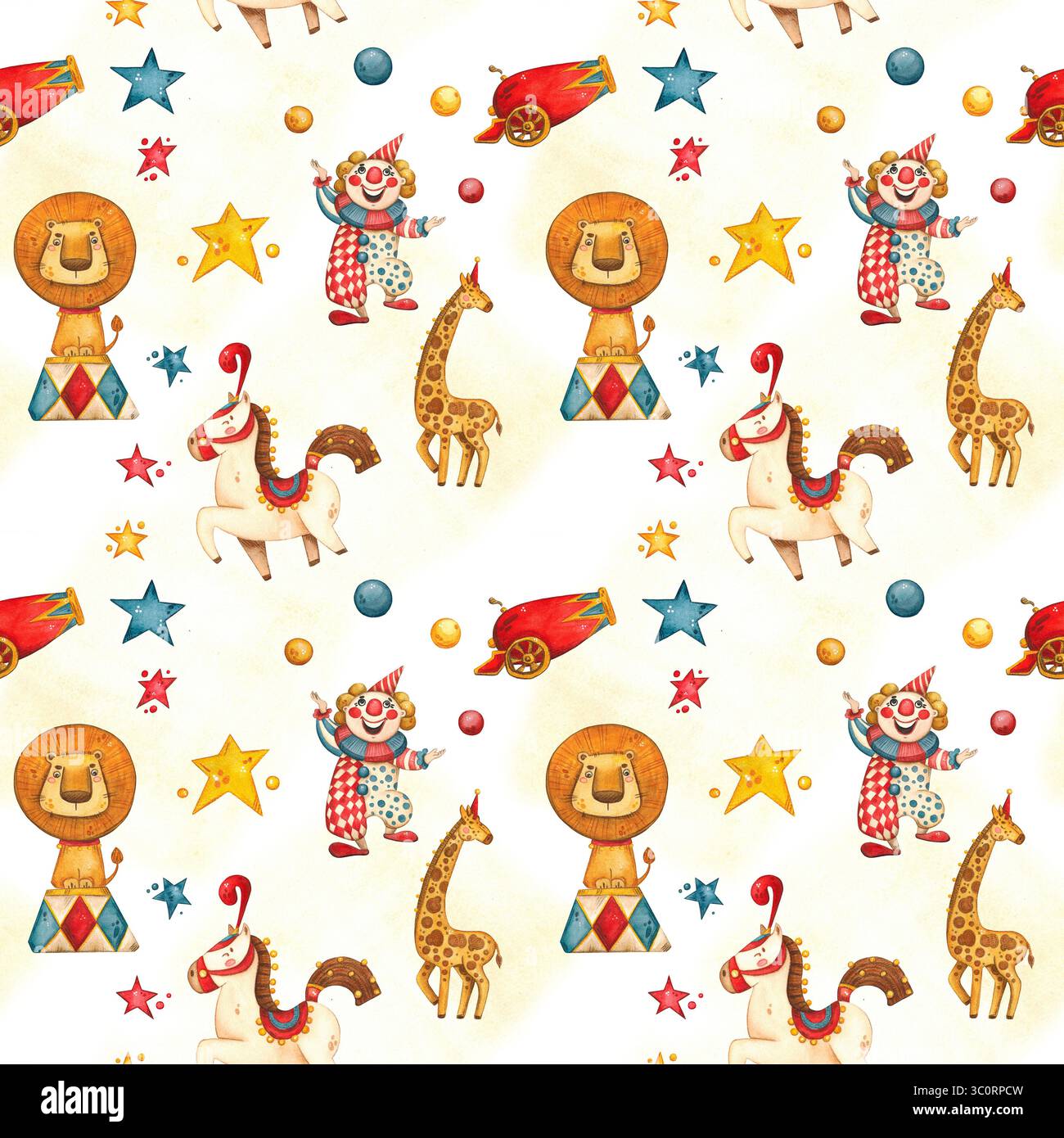 Circus seamless pattern with a clown, shirk animals, a lion, a giraffe ...