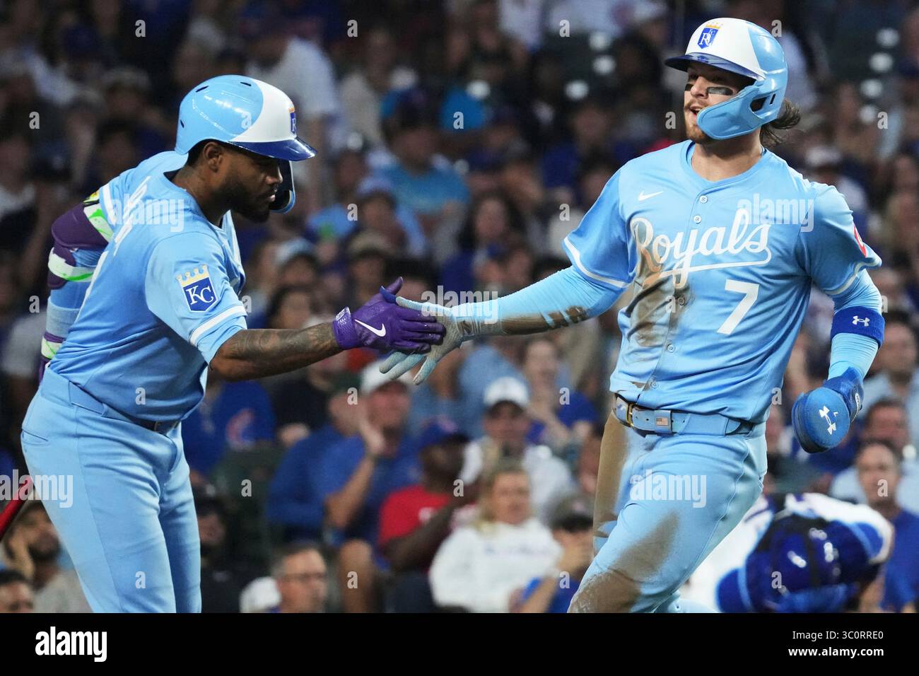 Kansas City Royals' Bobby Witt Jr., right, celebrates with Maikel ...